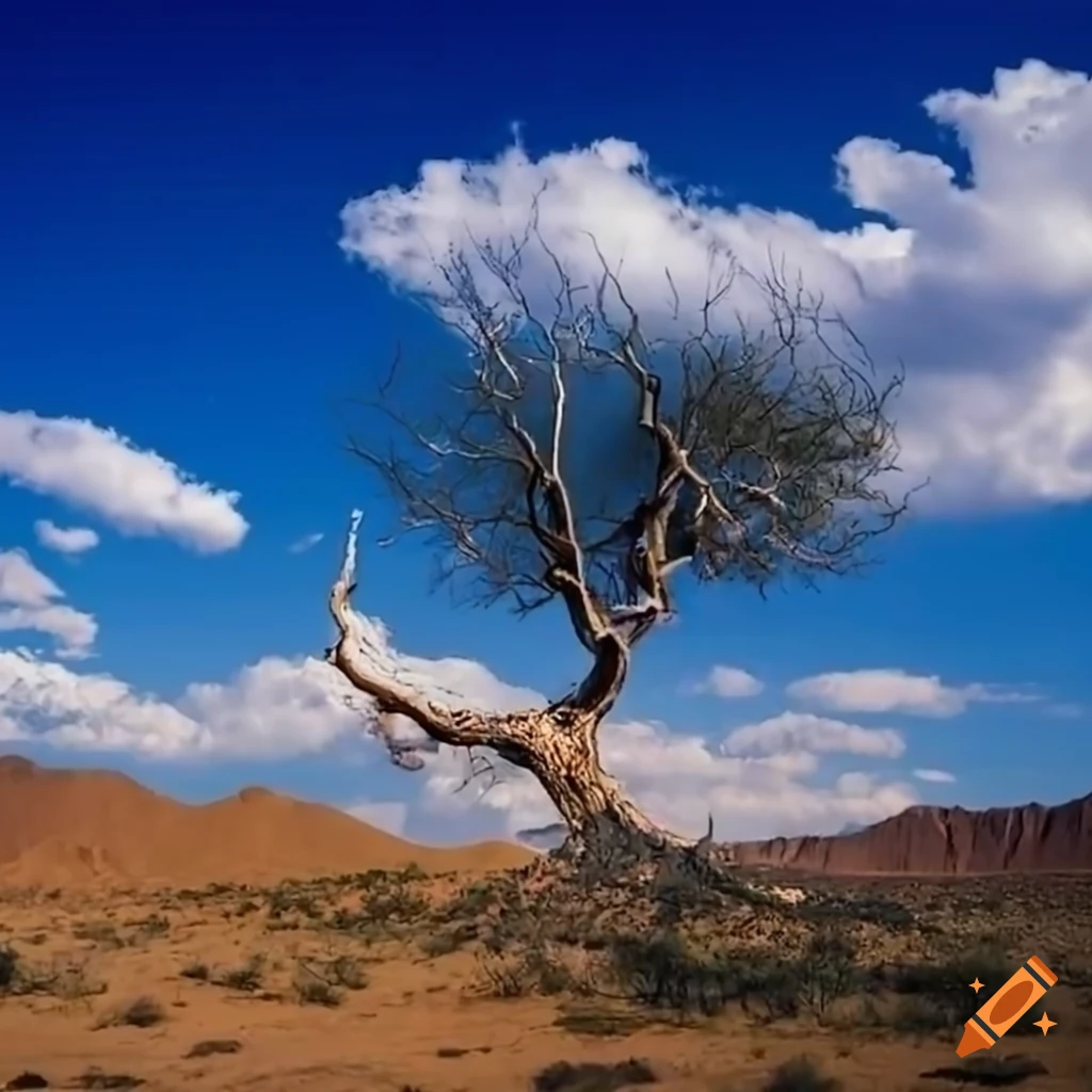 Solo tree in a desert mountain landscape on Craiyon