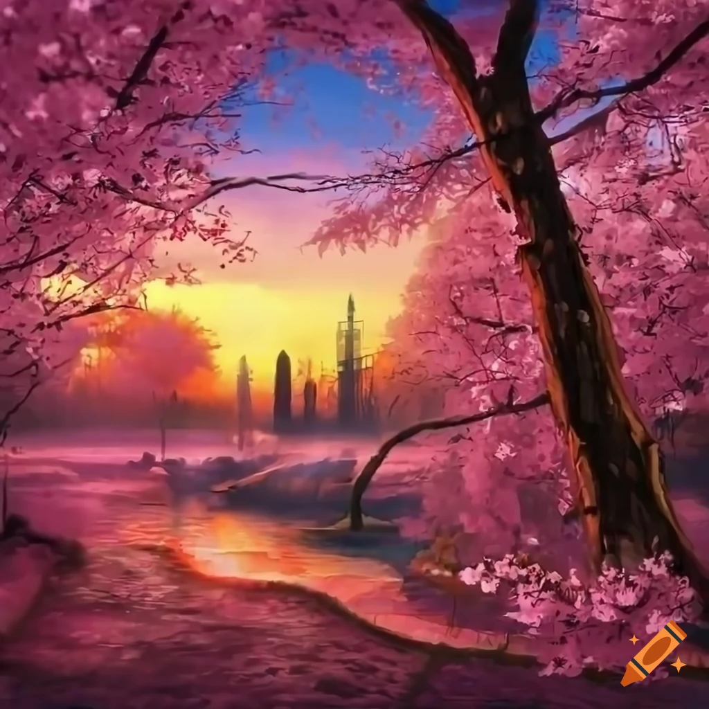 Paisaje de un hermoso bosque de sakura al atardecer on Craiyon