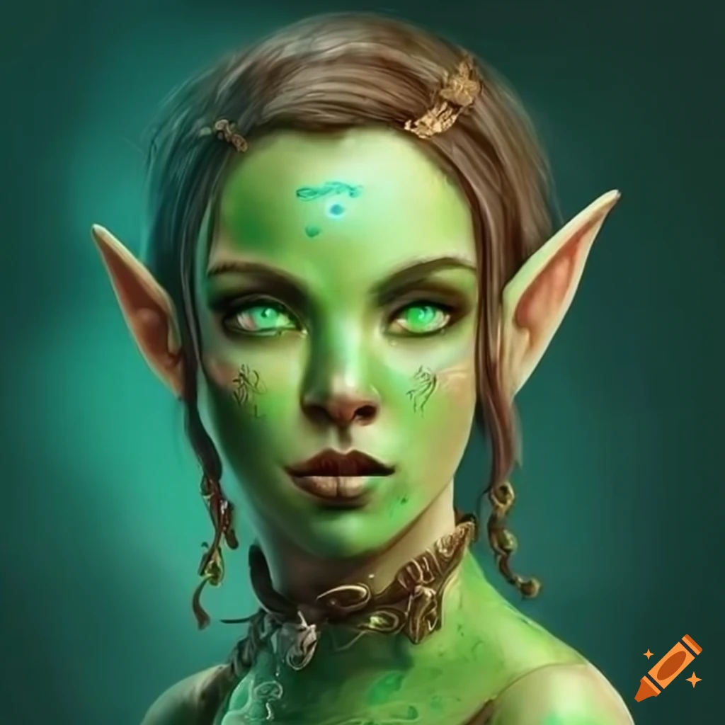 Digital art of a green-skinned wood elf girl on Craiyon