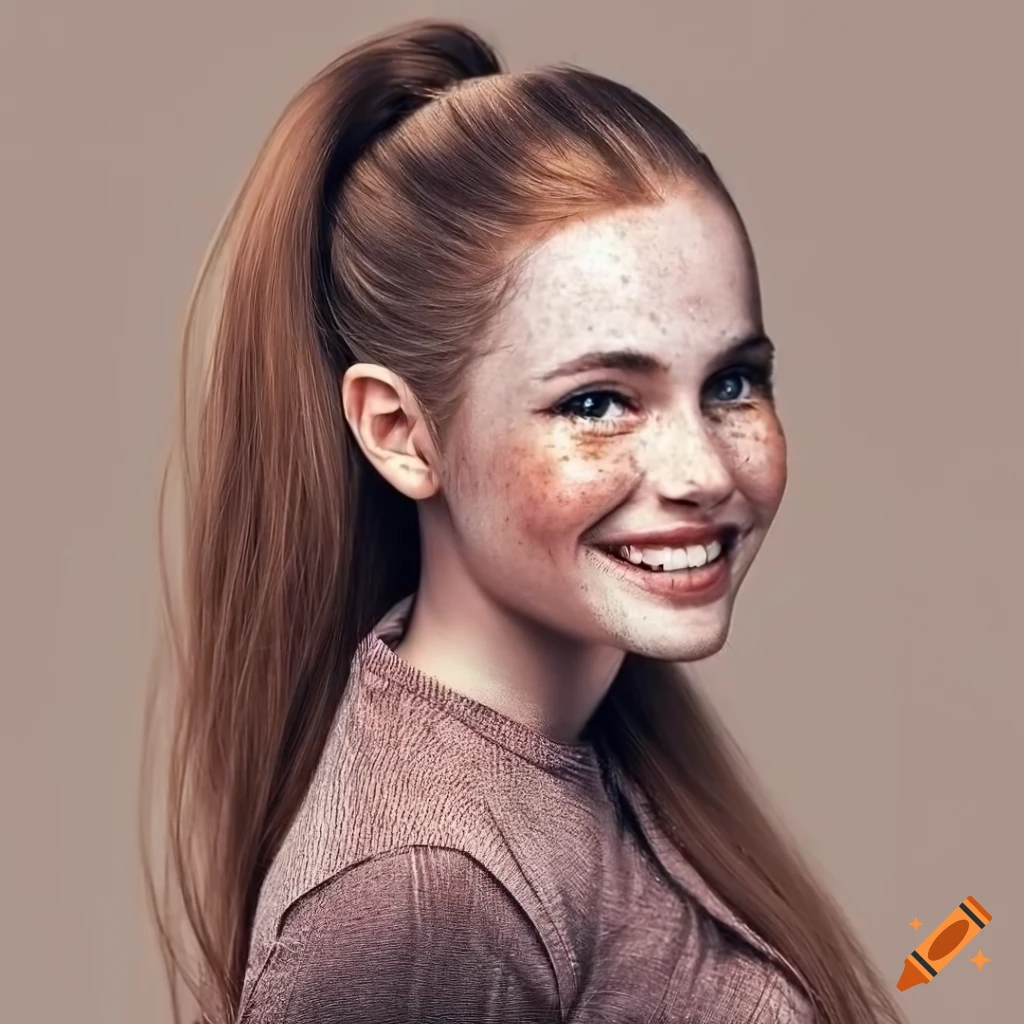 Smiling woman with freckles and brown hair in a ponytail on Craiyon