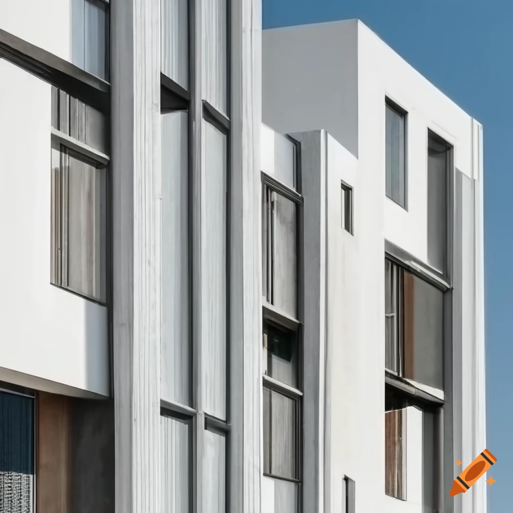 Modern sustainable residential building with white cement facade on Craiyon
