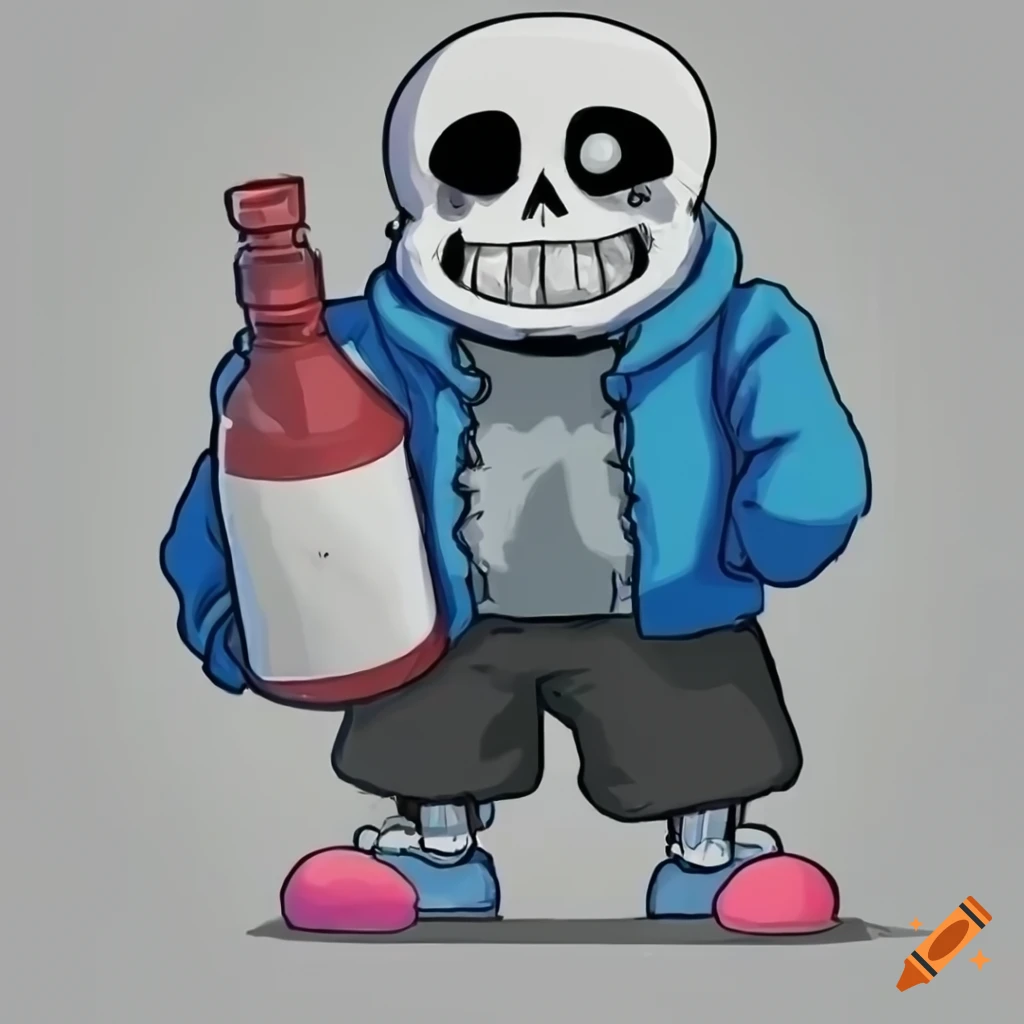 Cartoon of Sans the skeleton drinking from a ketchup bottle on Craiyon
