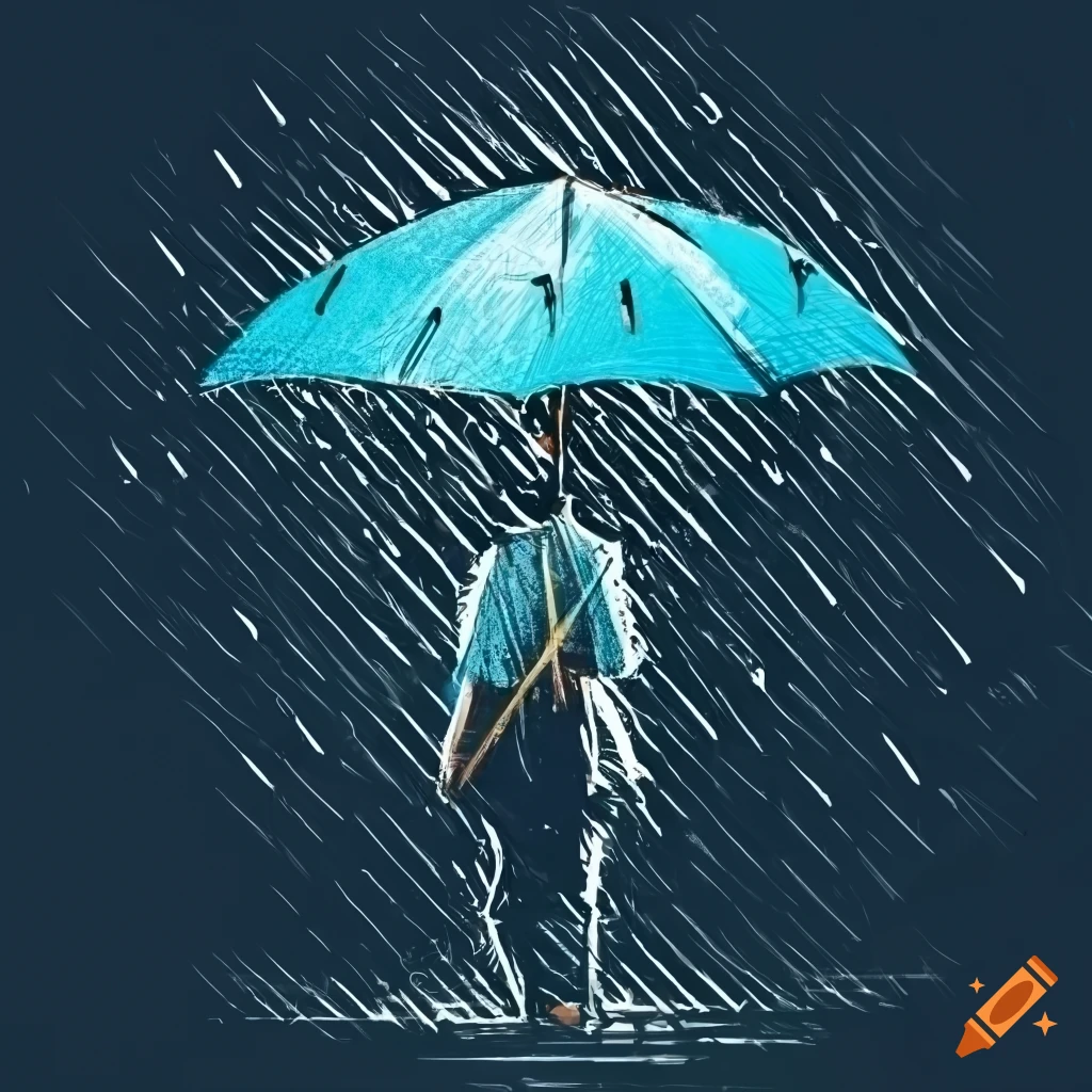 Sketch of a person with an umbrella in the rain on Craiyon