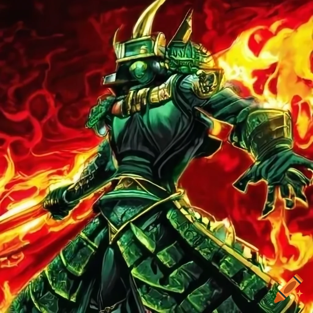 Yugioh card art of a fire magician in green samurai armor on Craiyon