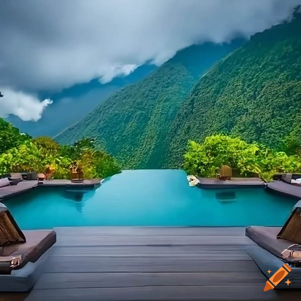 Infinity pool overlooking mountains in a tropical hotel on Craiyon