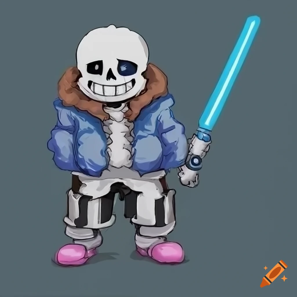Funny cartoon of Sans holding a blue lightsaber on Craiyon