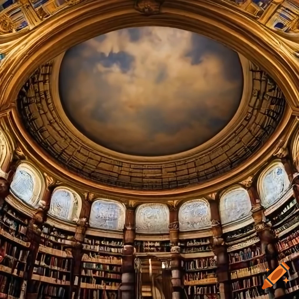 Interior of a grand library with celestial sky clouds and light on Craiyon