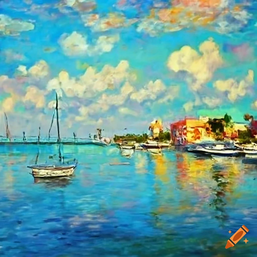 Monet-style impressionist painting of a waterfront town on Craiyon