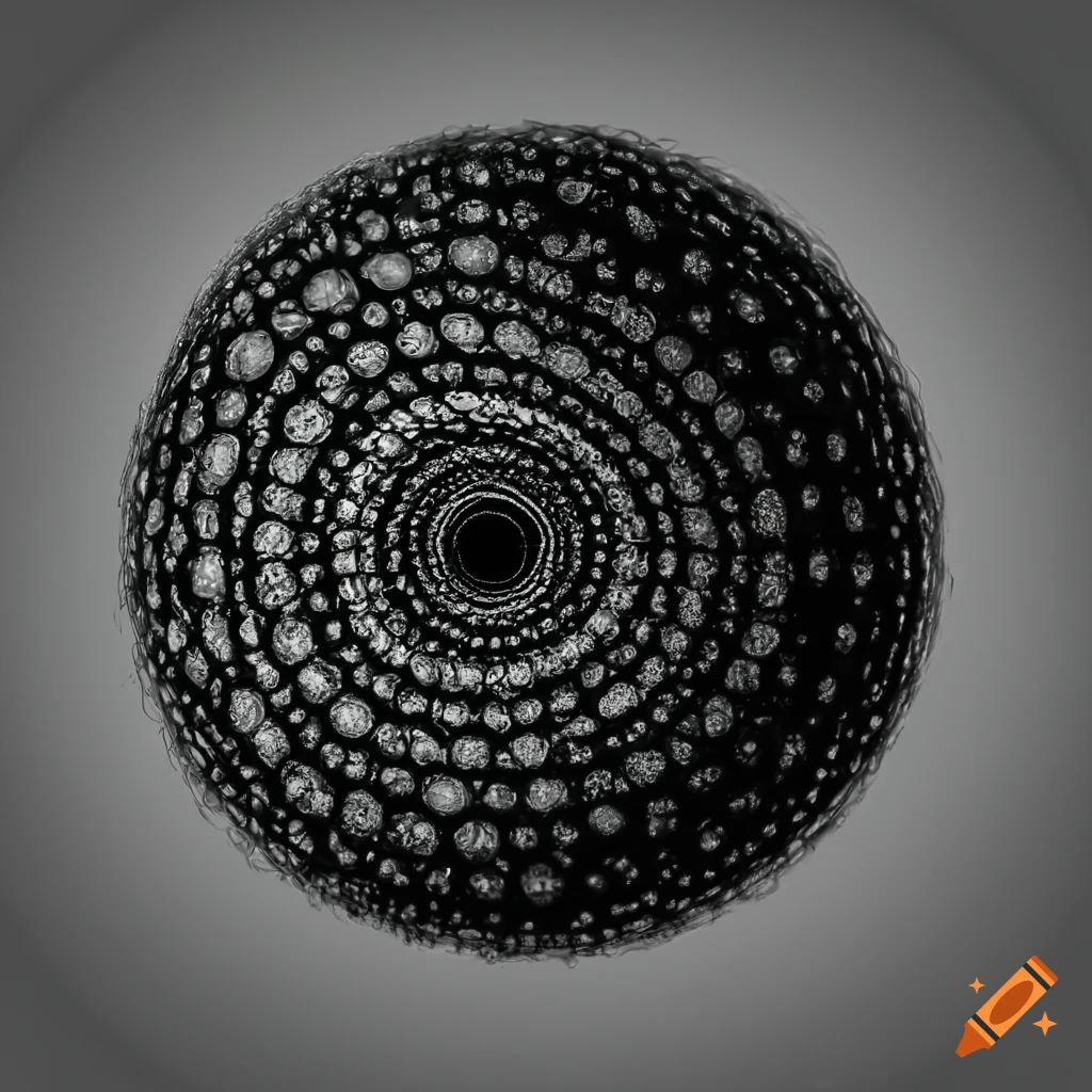 Close-up of a spherical seed with radiating concentric circles of light ...