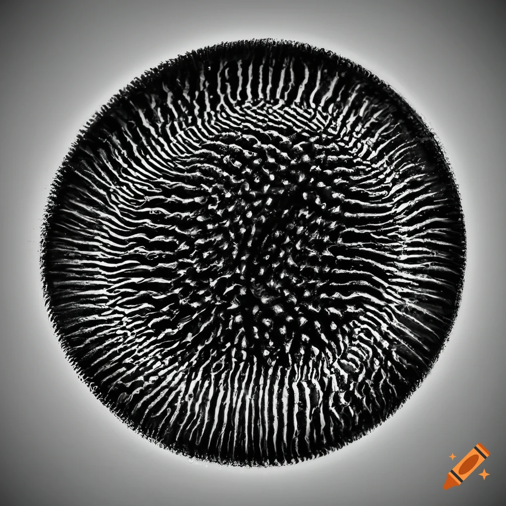 Black and white macro photo of a spherical seed with radial rays of ...