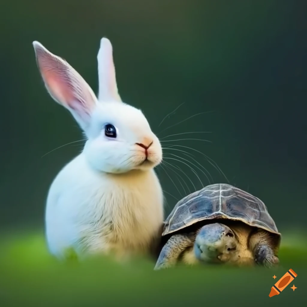 Adorable white rabbit and turtle sitting together on Craiyon