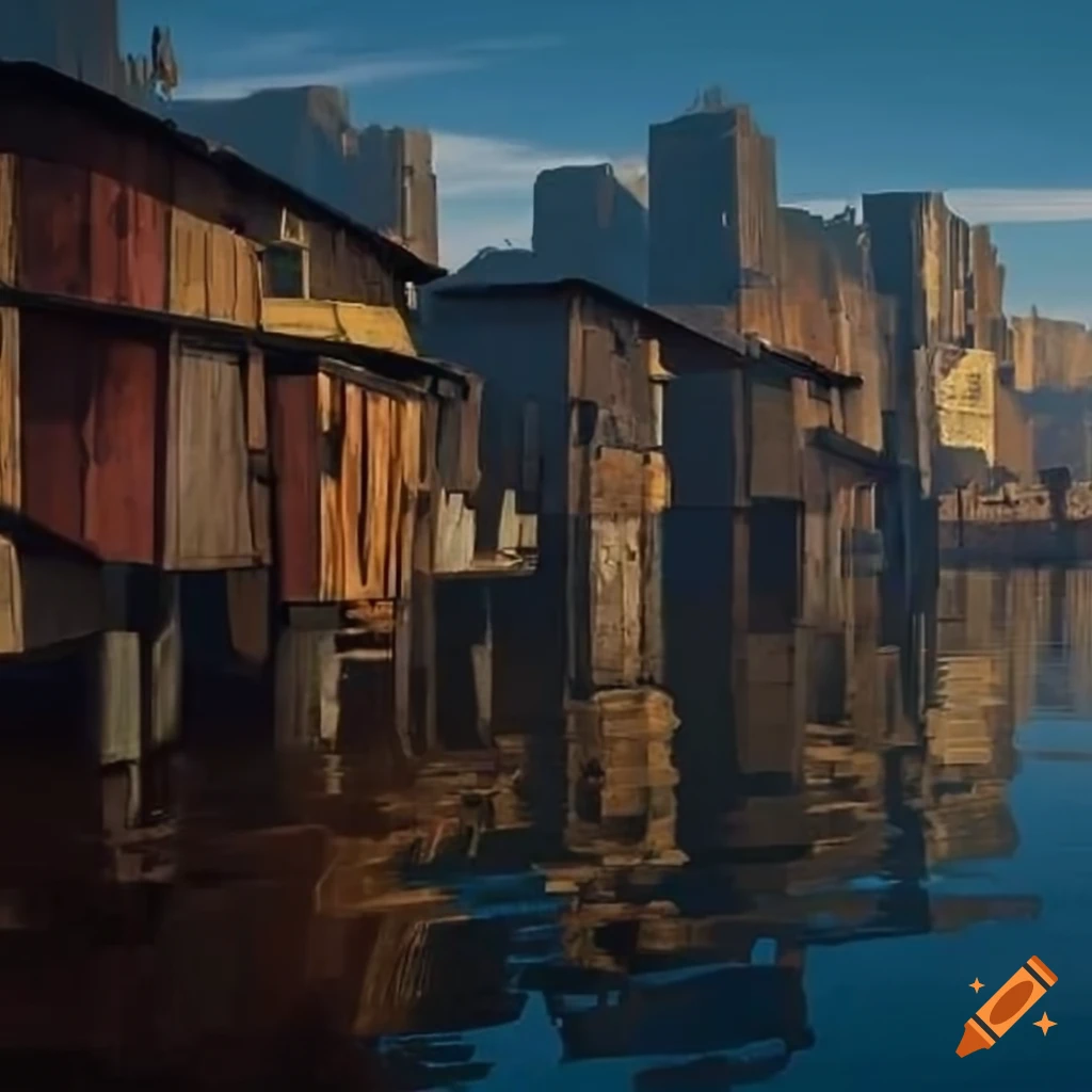 Photograph of city slums on stilts above a lake on Craiyon