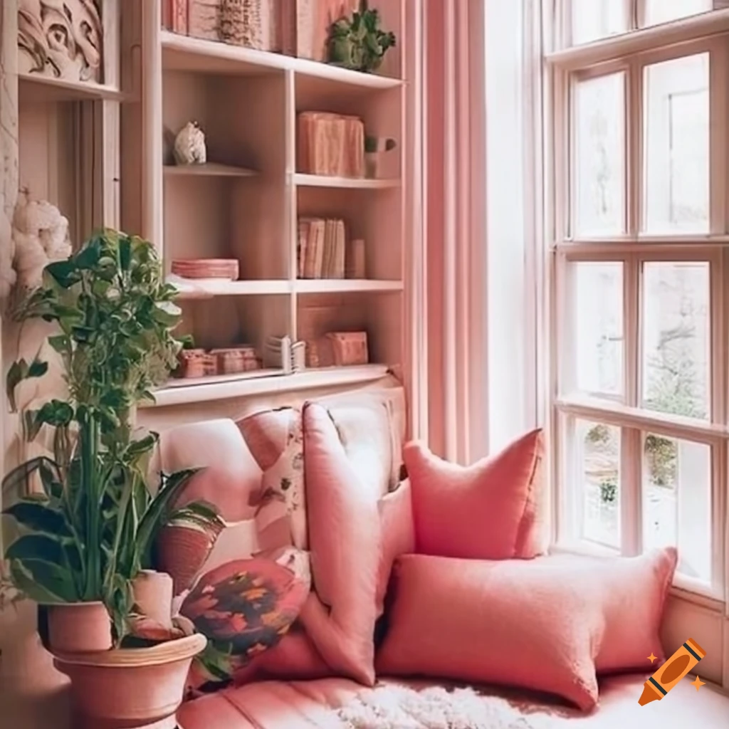 Cozy reading nook with plants and pink cushions on Craiyon