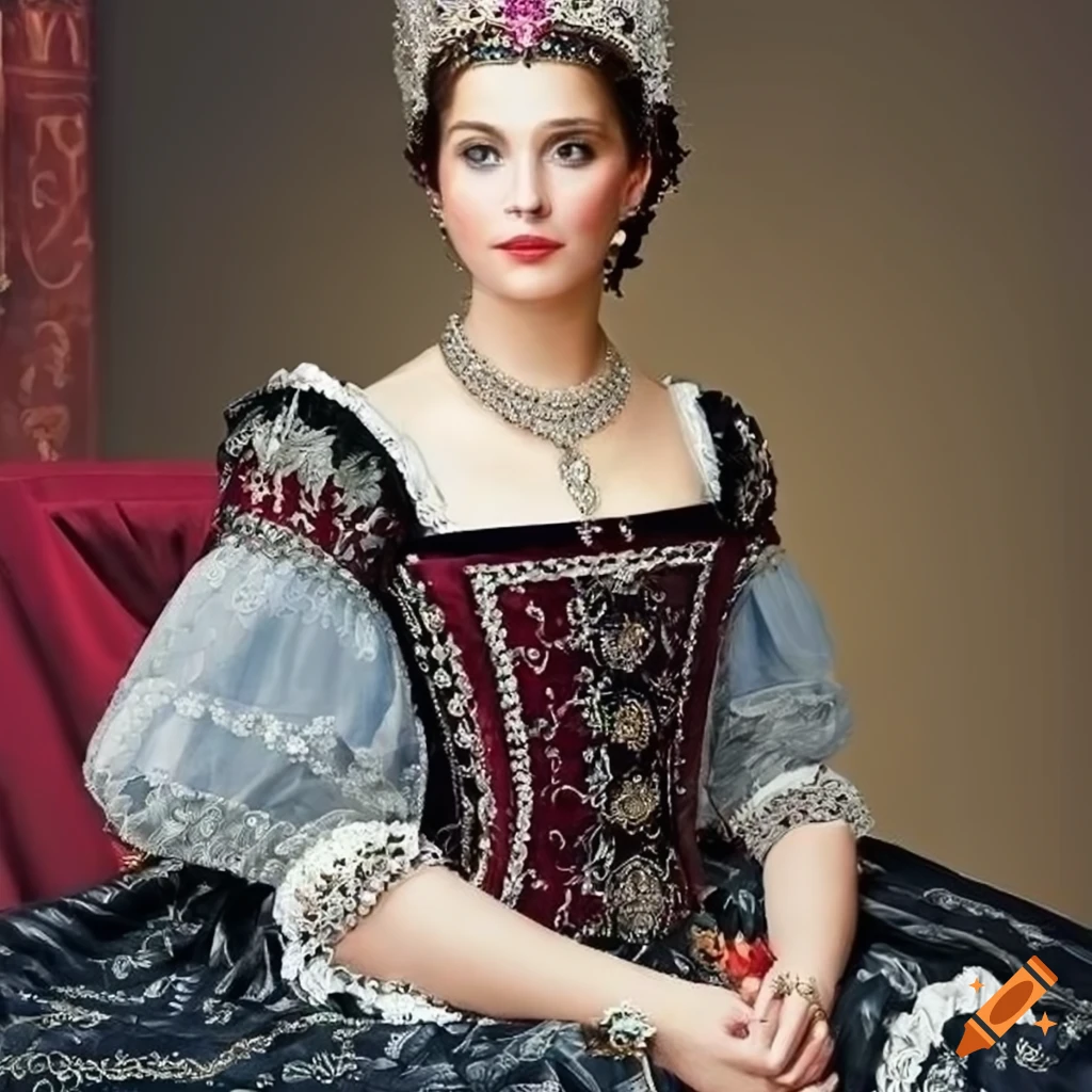 Portrait painting of a young spanish princess with a crown and jewels ...