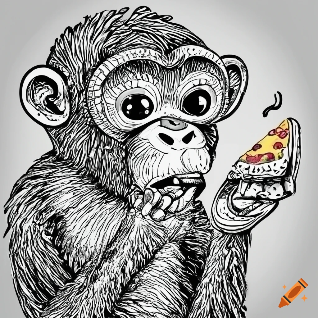 Black and white drawing of a monkey eating pizza on Craiyon
