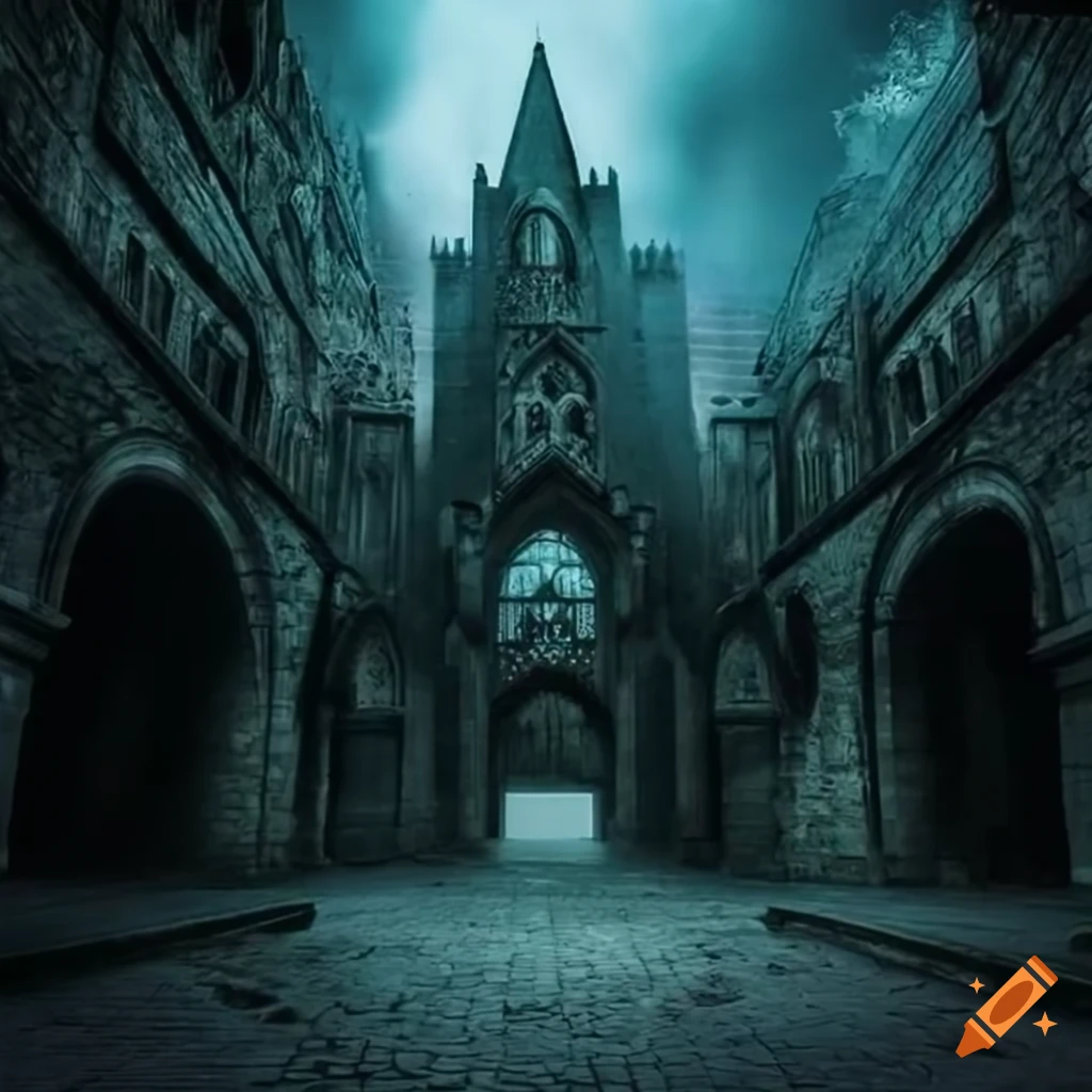 Gothic castle courtyard with a gloomy tree on Craiyon