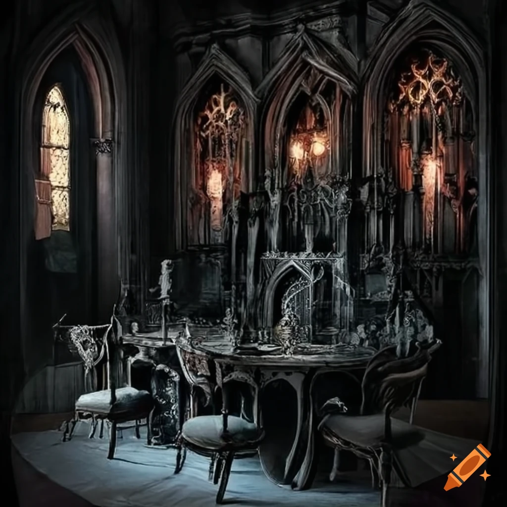 Gothic castle dining room in dark fantasy setting on Craiyon