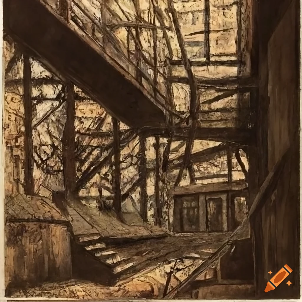 Abandoned factory with unique structures and climbing plants on Craiyon