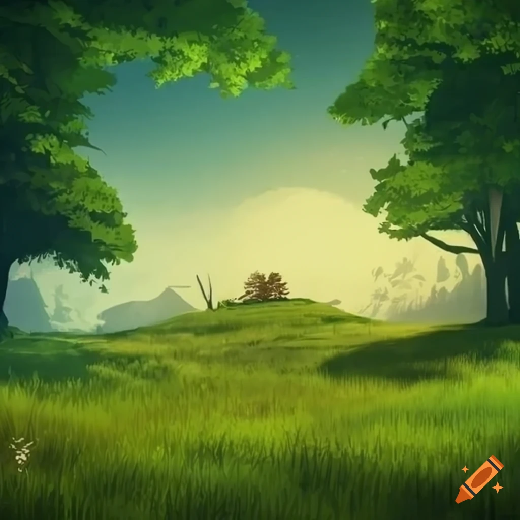 View of a grassy knoll overlooking a beautiful forest on Craiyon