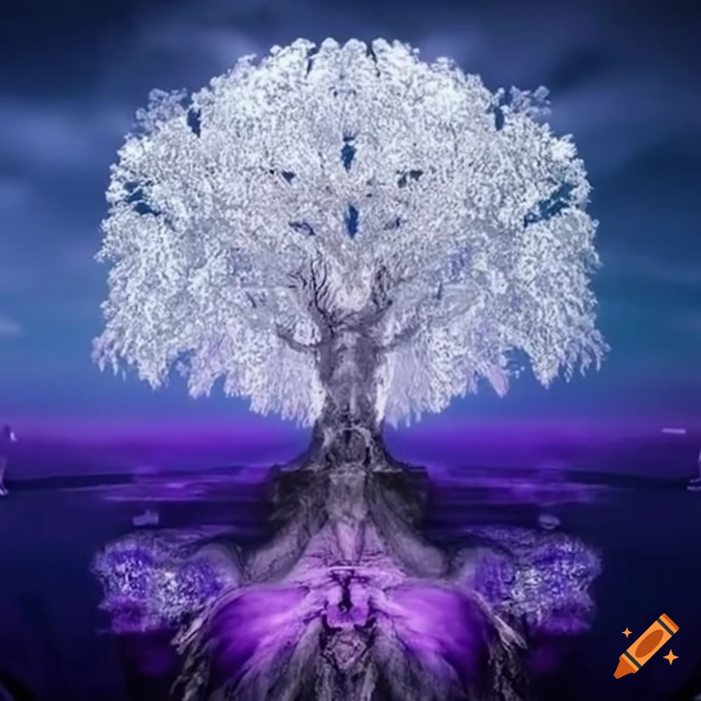 Image of a magical white tree with mirrored purple tree on Craiyon