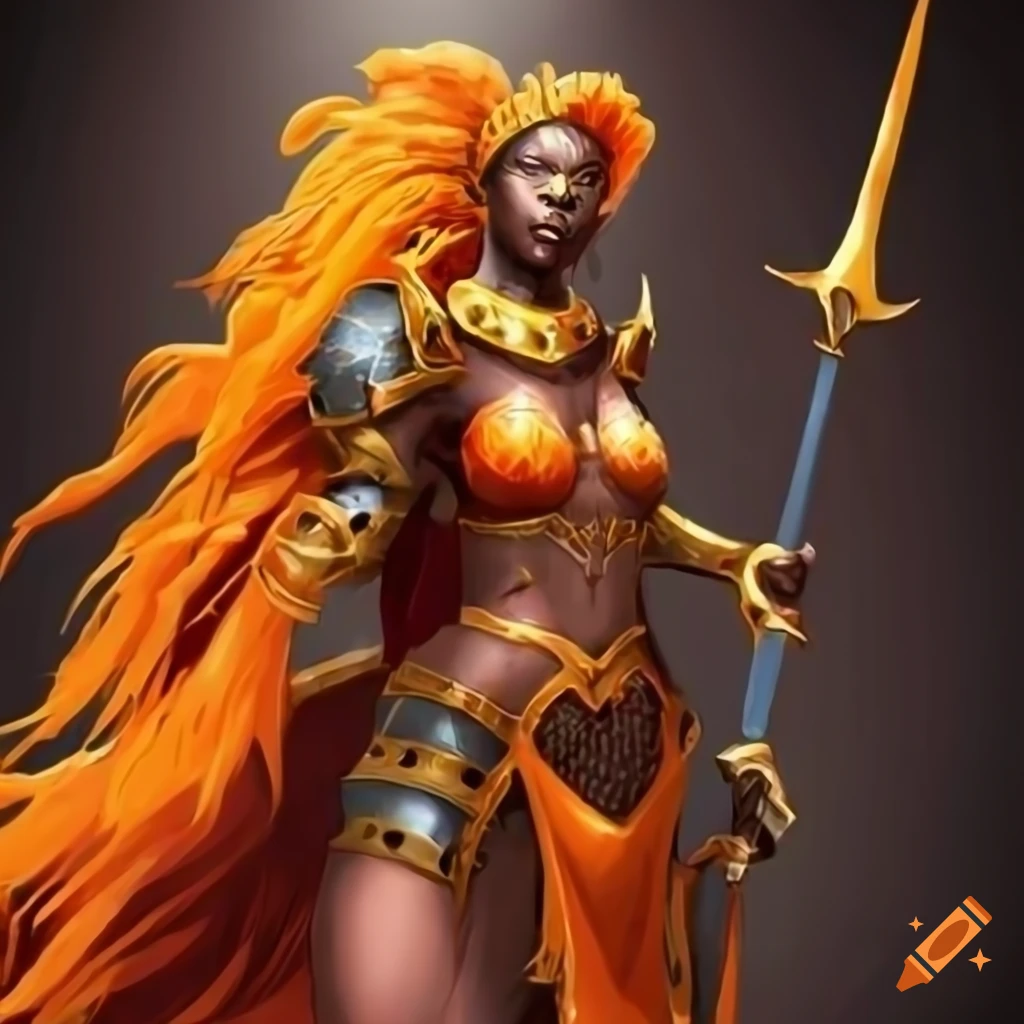 African female warrior in orange armor on Craiyon