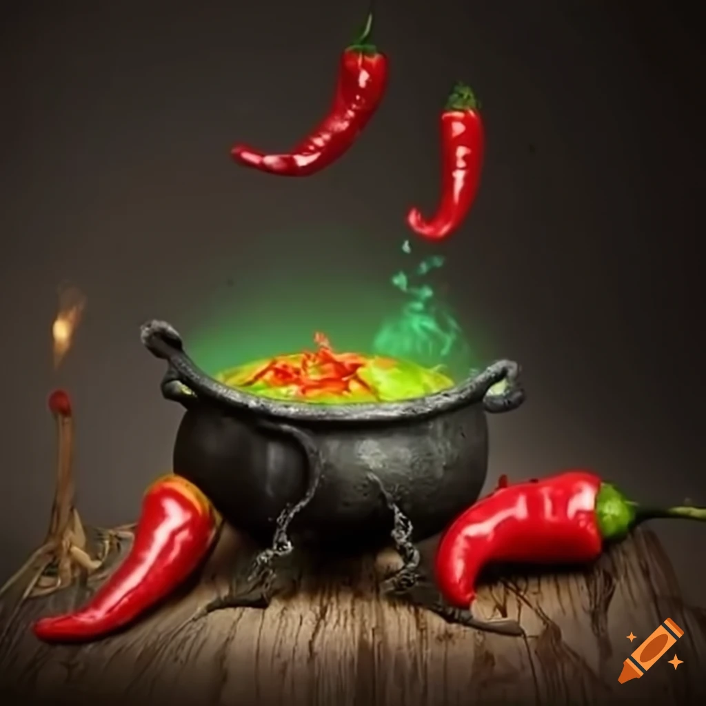 Image of witches cauldron with falling chili peppers on Craiyon
