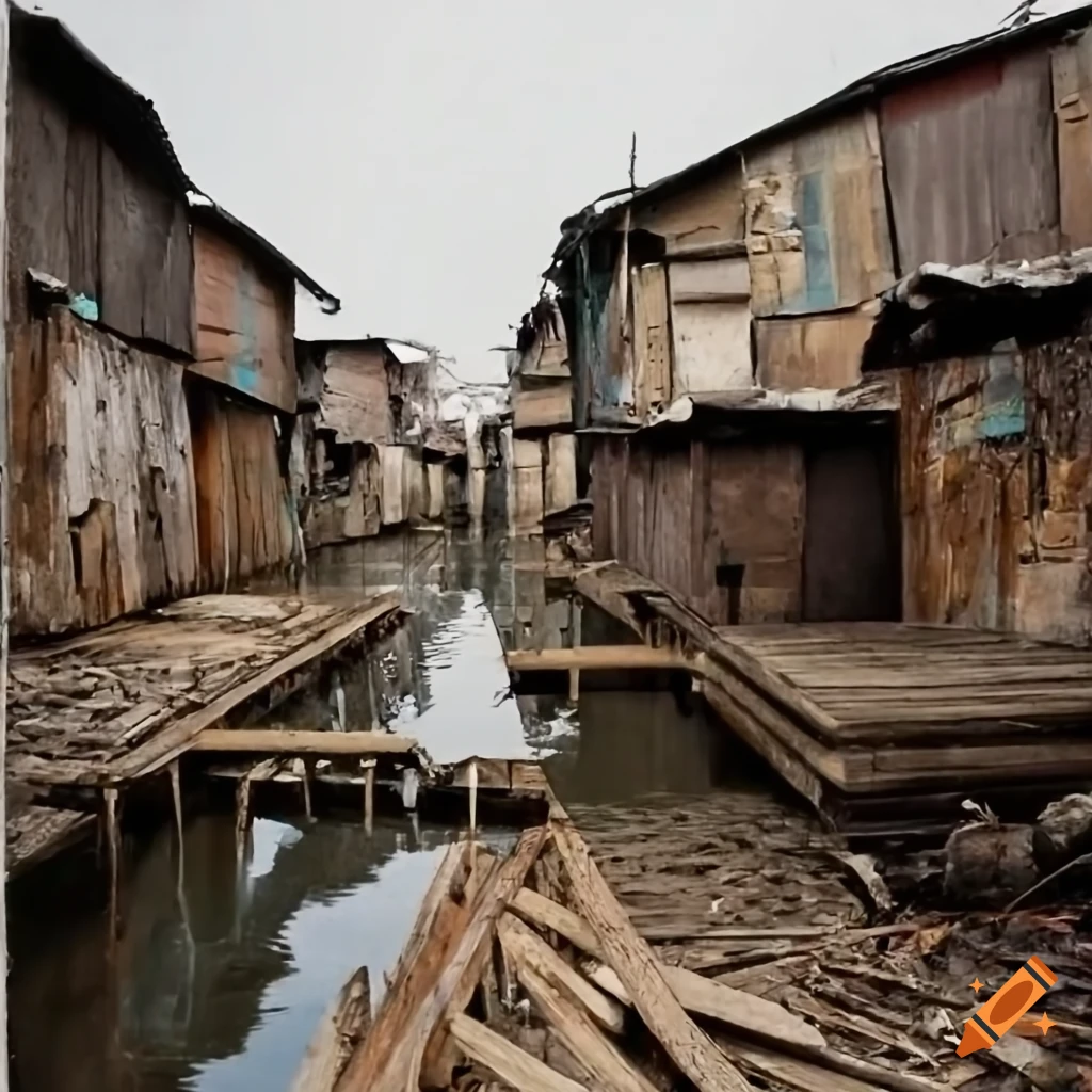 City slums with structures resting on stilts on lake on Craiyon