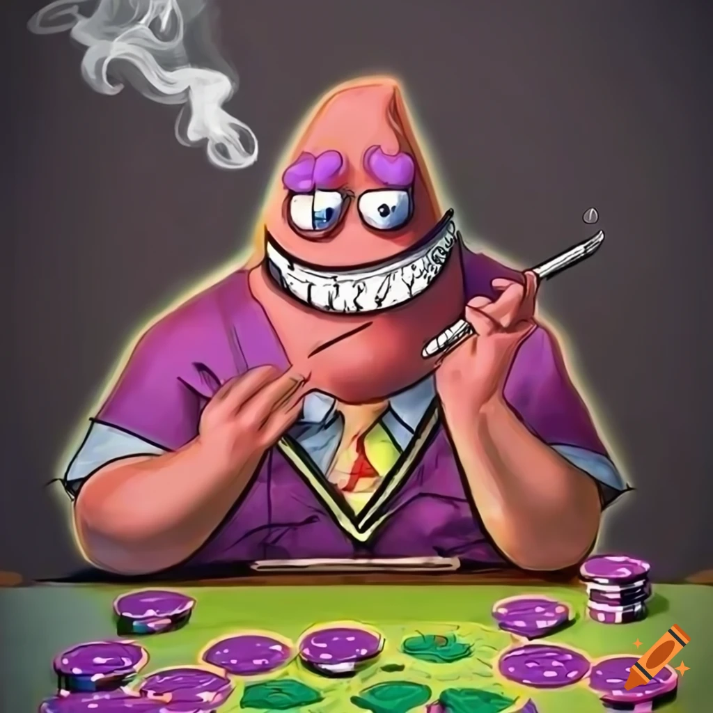 Cartoon drawing of Patrick smoking a cigar and playing blackjack on Craiyon