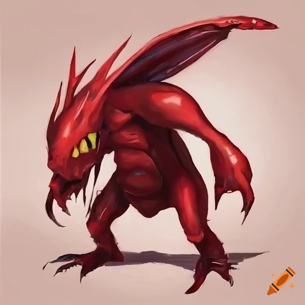 Knife palette painting of a red creature by a river on Craiyon