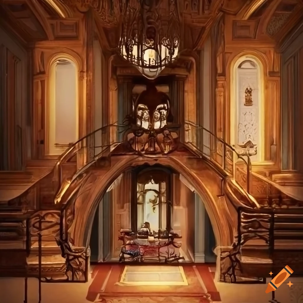 Spacious mansion foyer with grand staircase and chandelier on Craiyon