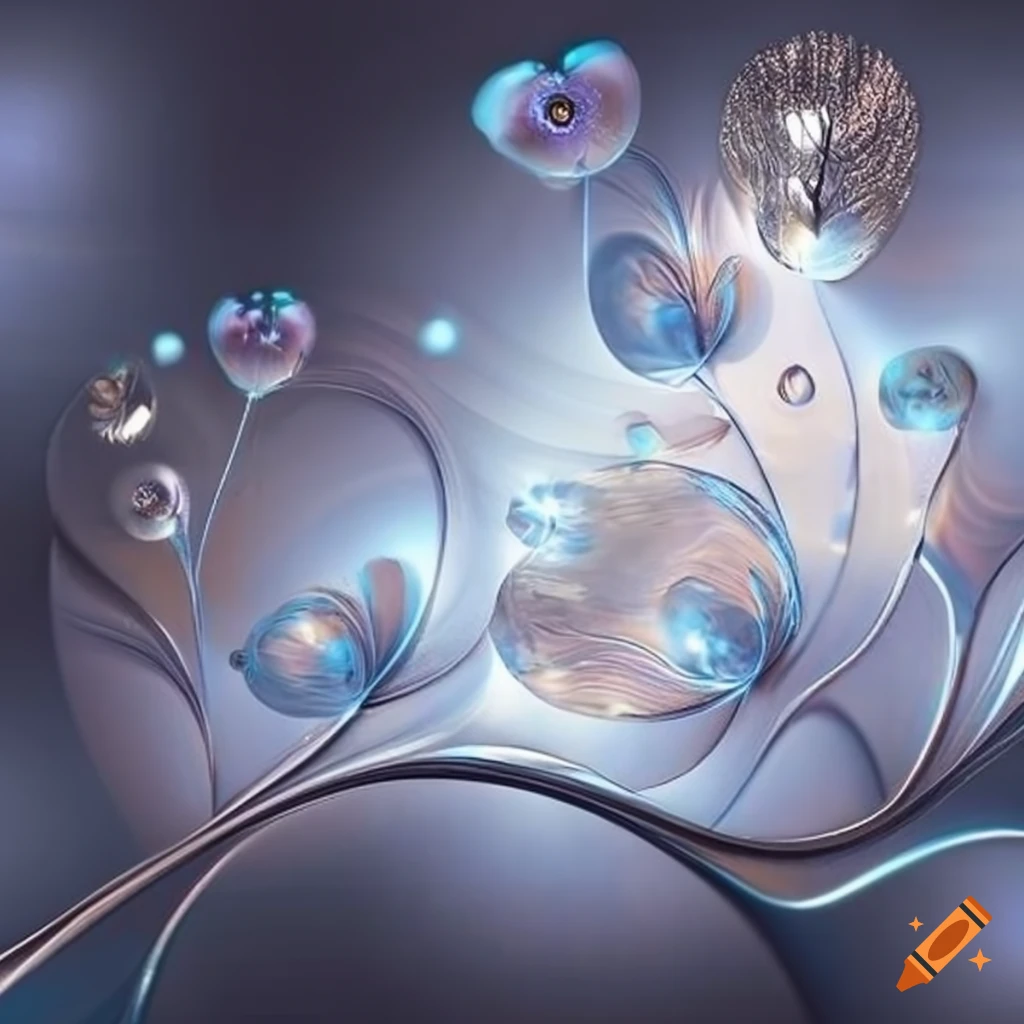 Abstract artwork with metallic flowers on silver backdrop