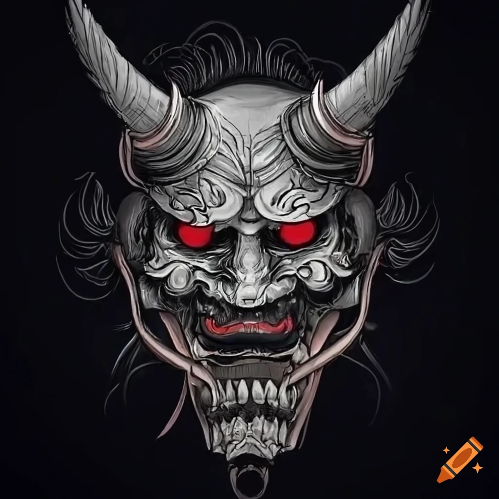 Blackwork tattoo design of an oni mask and japanese waves on Craiyon