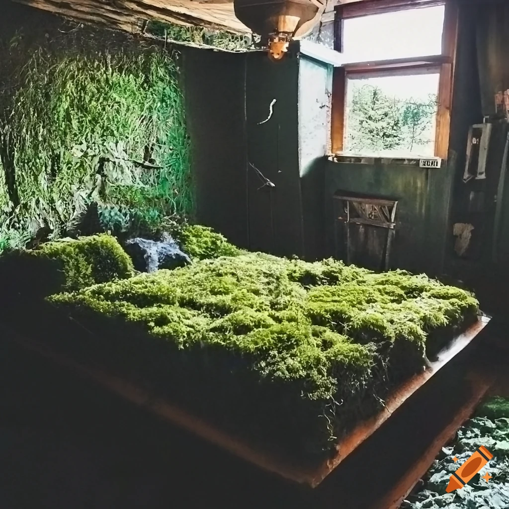 Mossy post-apocalyptic bedroom with a lake inside on Craiyon
