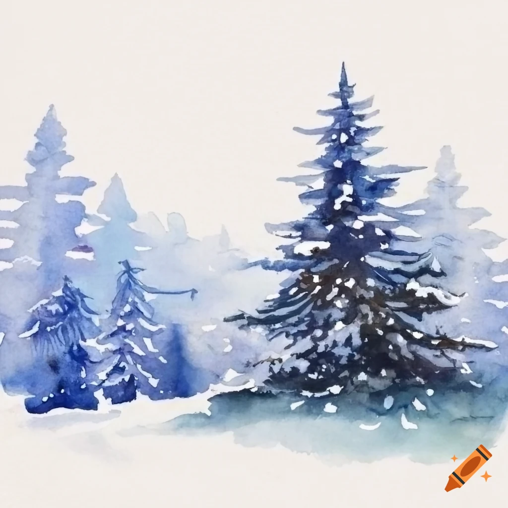 Watercolor of a winter landscape with a farmhouse and evergreen trees ...