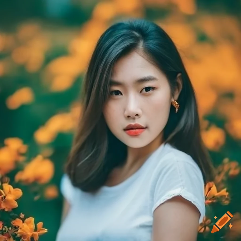 Artistic portrait of an asian woman surrounded by orange flowers on Craiyon