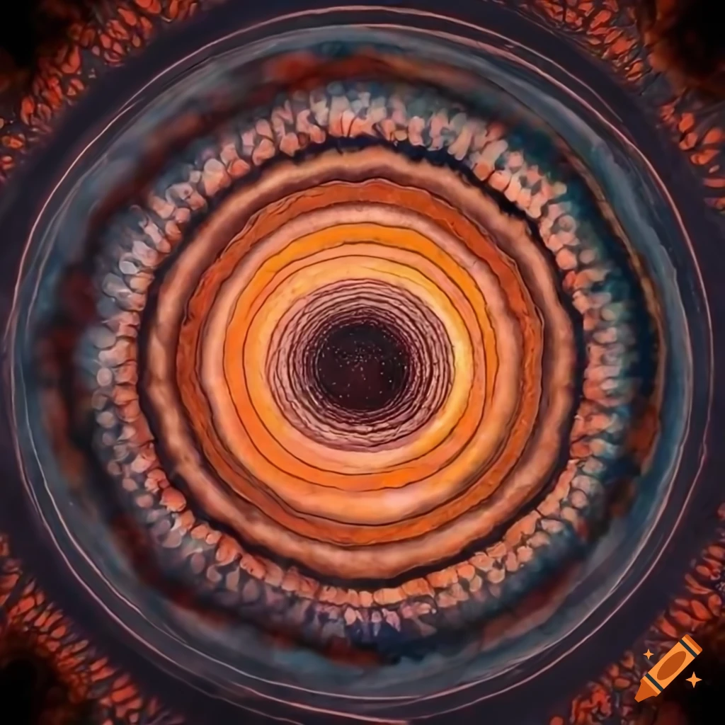 Close-up of a spherical seed with orange concentric circles on black on ...