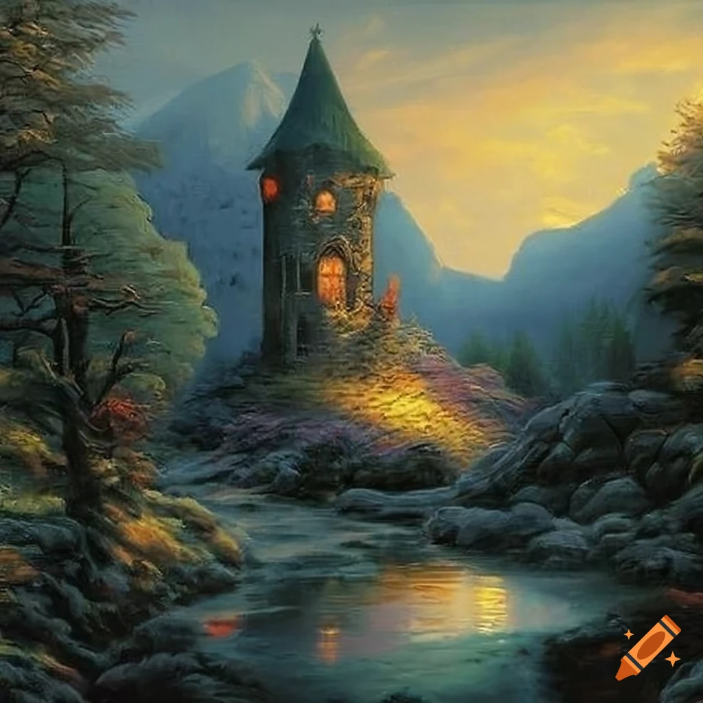 Painting of a wizard tower in a beautiful landscape on Craiyon