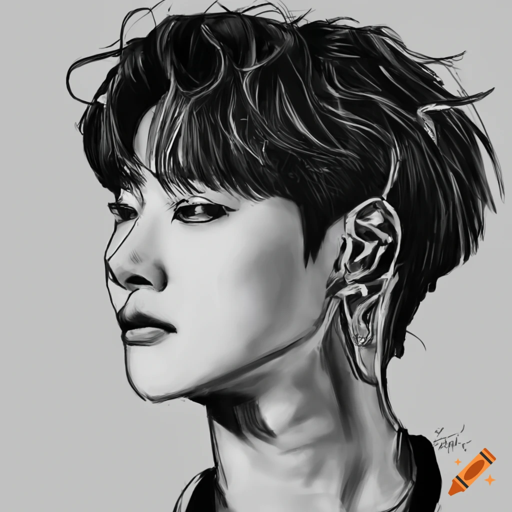Artistic black and white drawing of Bang Chan from Stray Kids on Craiyon