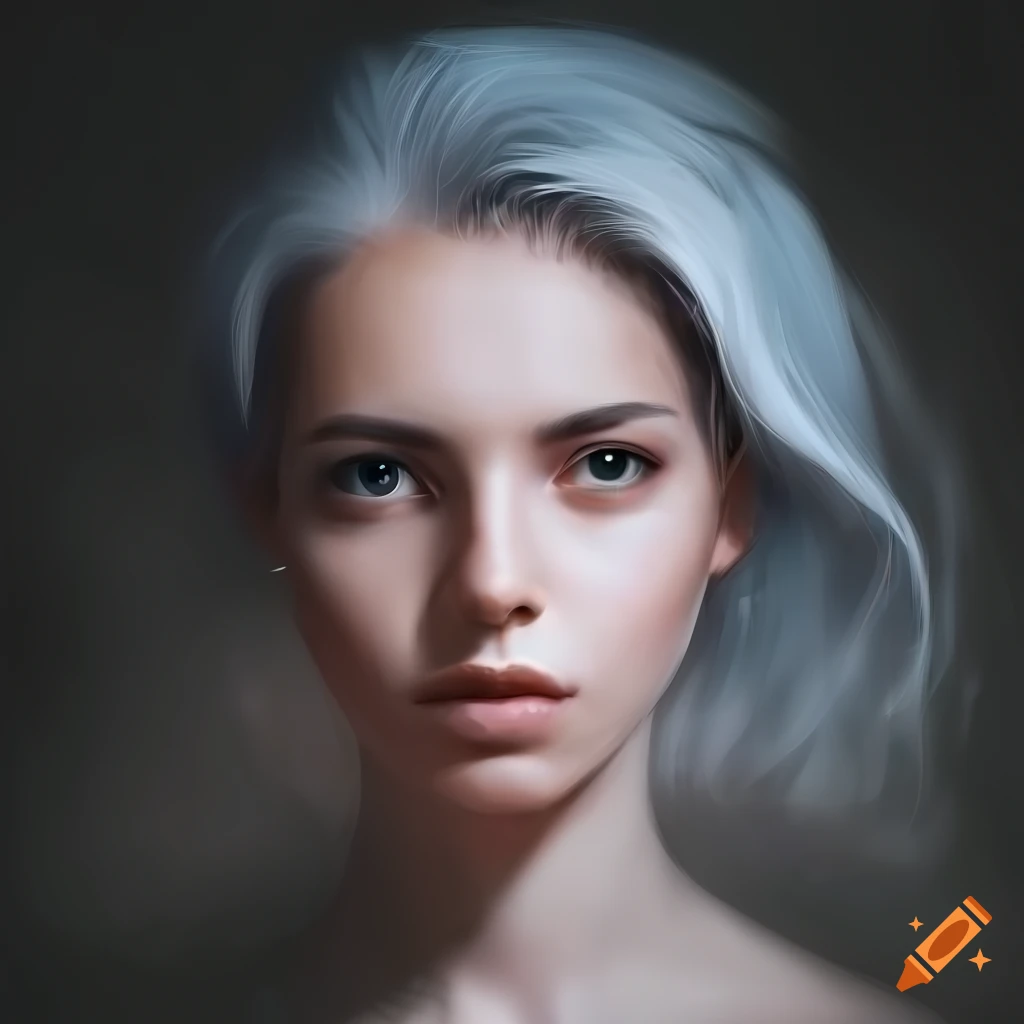 Photo of a young woman with pale skin and grey-white hair on Craiyon