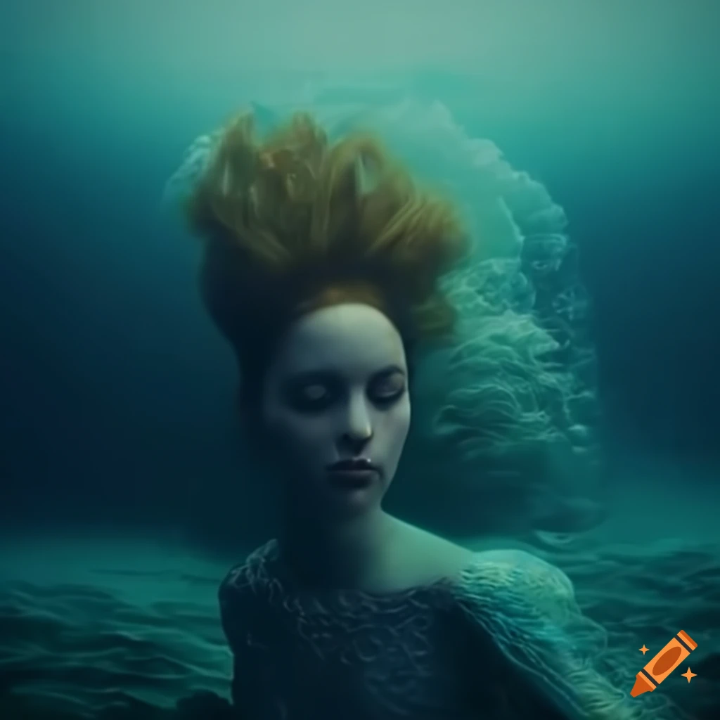 Mermaid navigating the rugged ocean near Atlantis on Craiyon