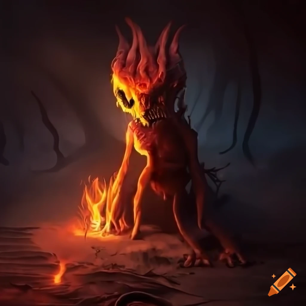 Dystopian creature emerging from flames in a fairytale illustration on Craiyon