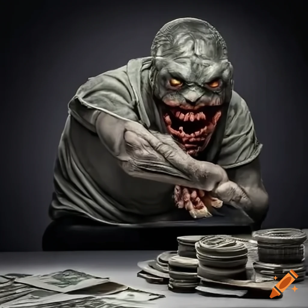 Greedy monster eating money stacks on Craiyon