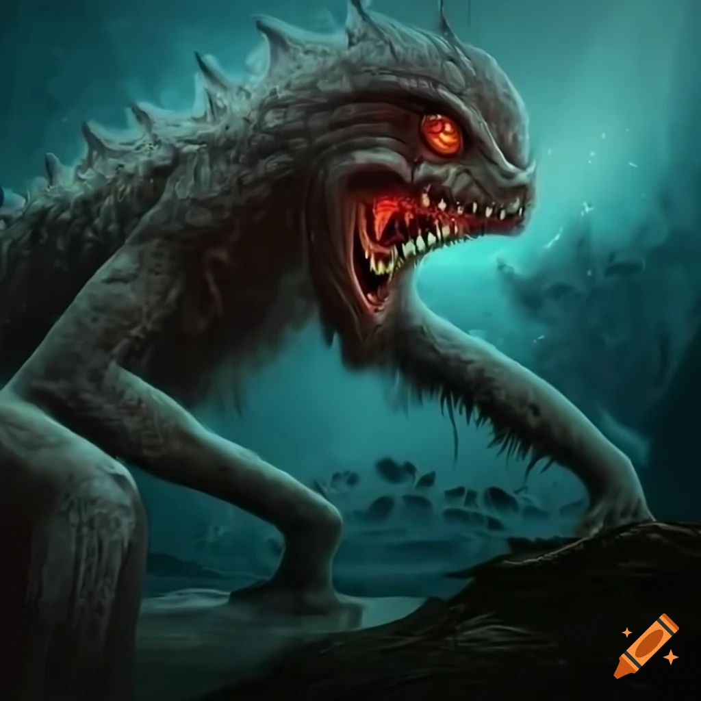 Illustration of a monster emerging from flames on Craiyon