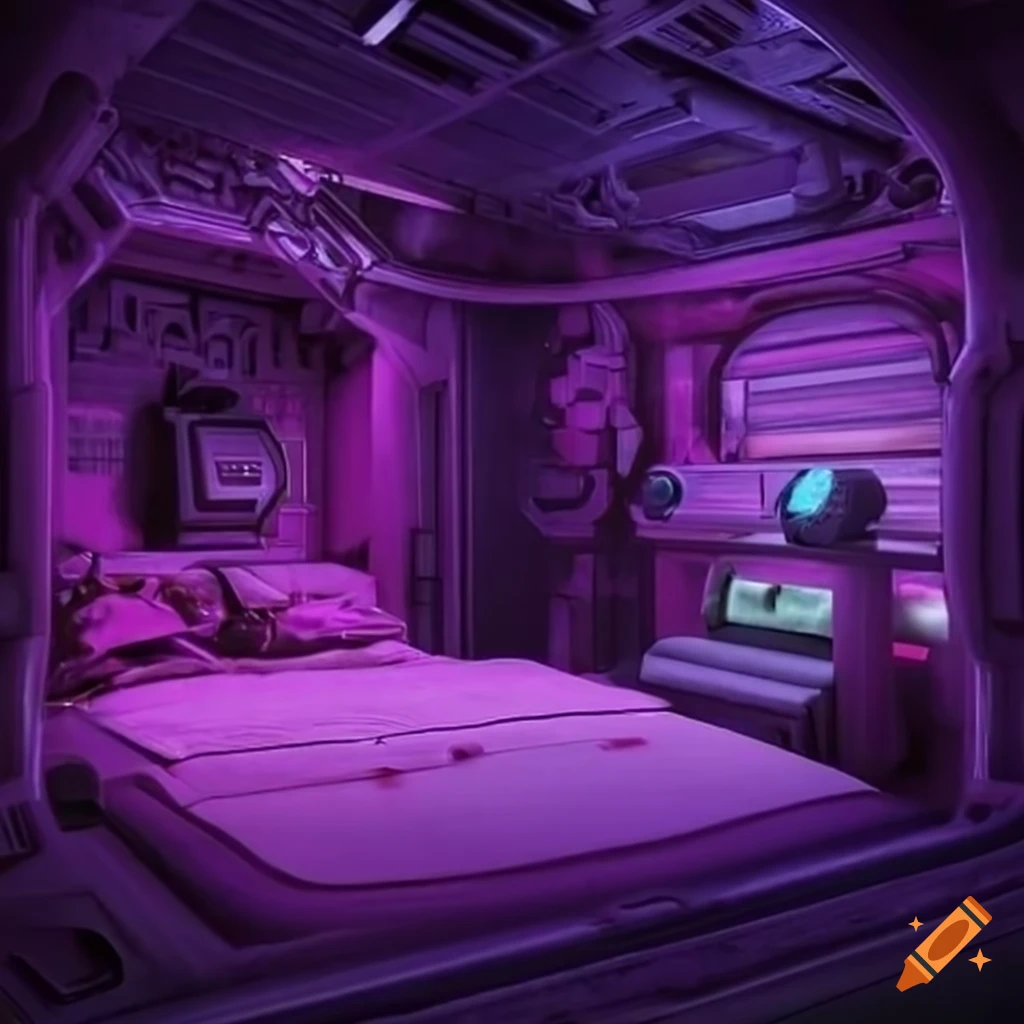 Sci-fi mechanic's bedroom with pink and purple accents on Craiyon