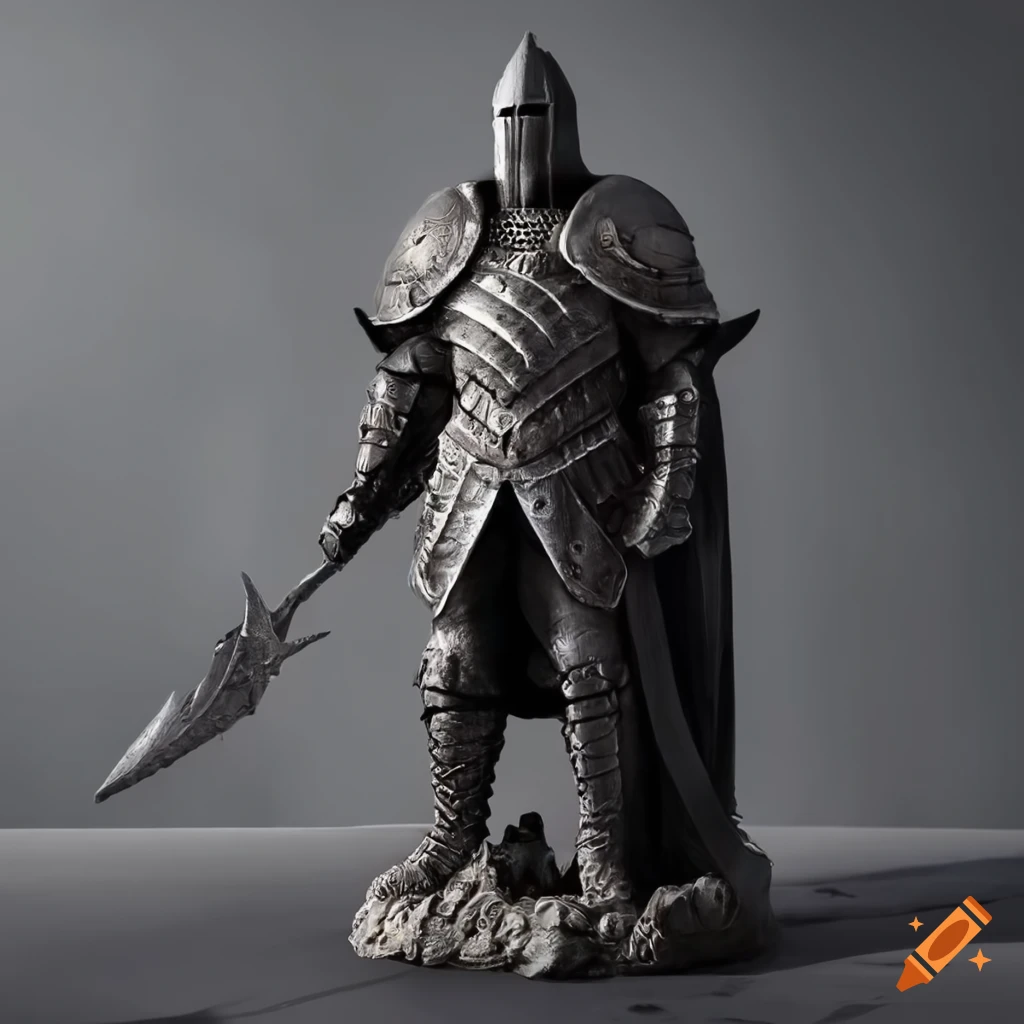 Dark fantasy knight stone statue in heavy armor on Craiyon