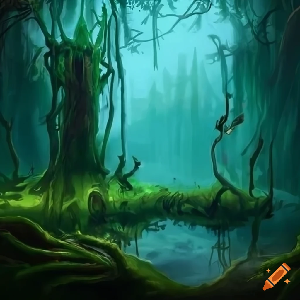 Fantasy artwork of a mysterious swamp on Craiyon