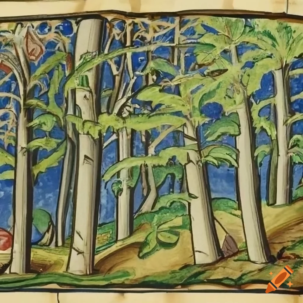 Medieval manuscript illustration of a forest on Craiyon