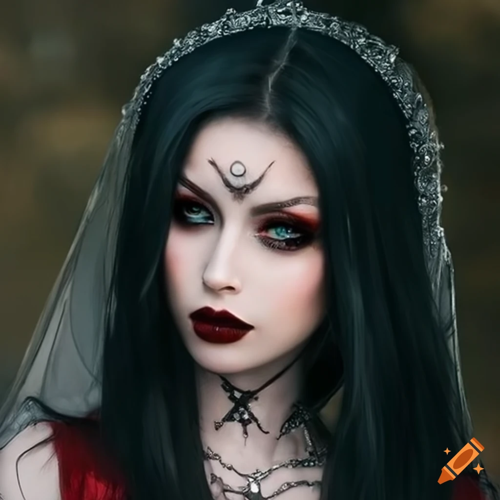 Close-up of a young gothic queen with black hair and beautiful eyes on ...