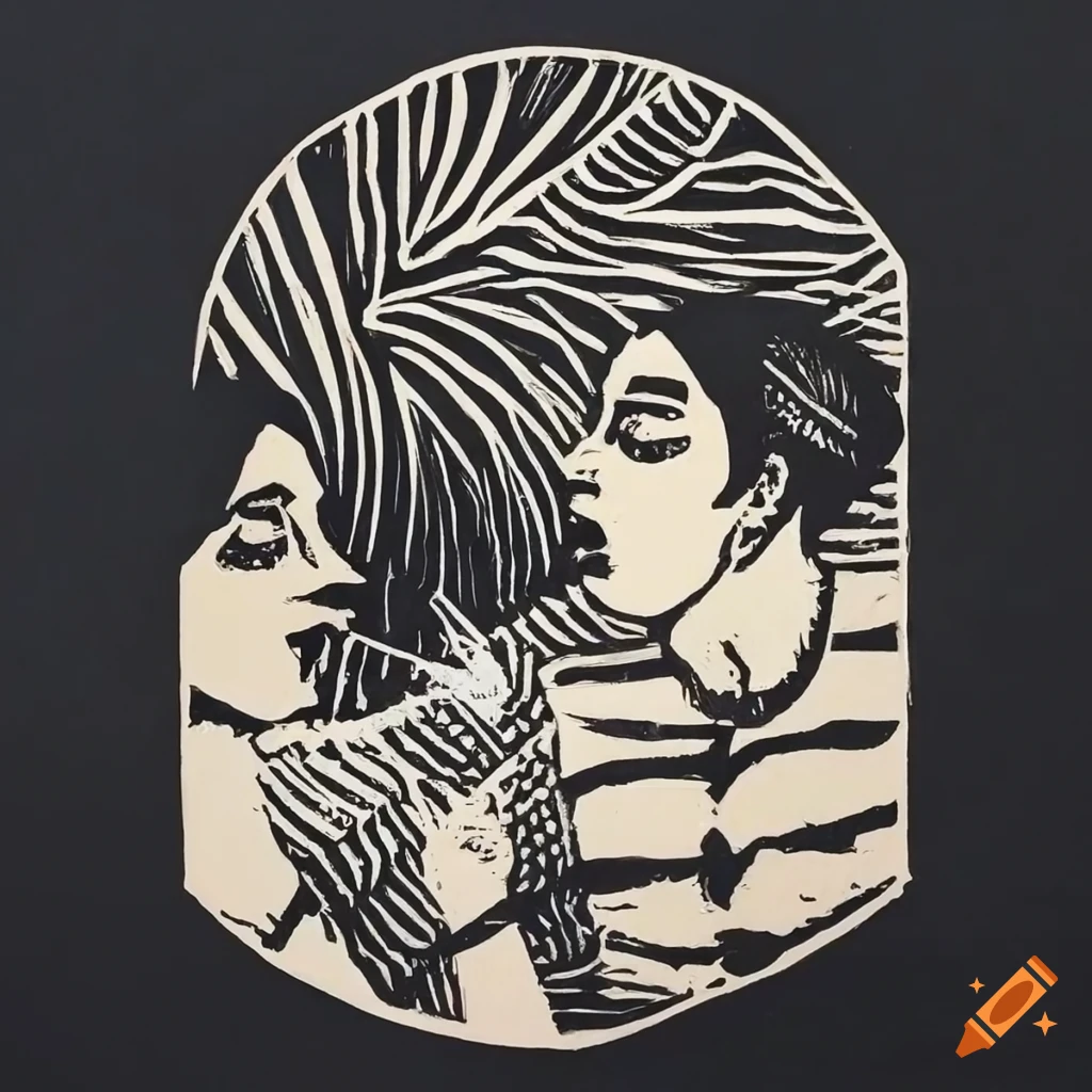 Linocut artwork depicting two friends smoking on Craiyon