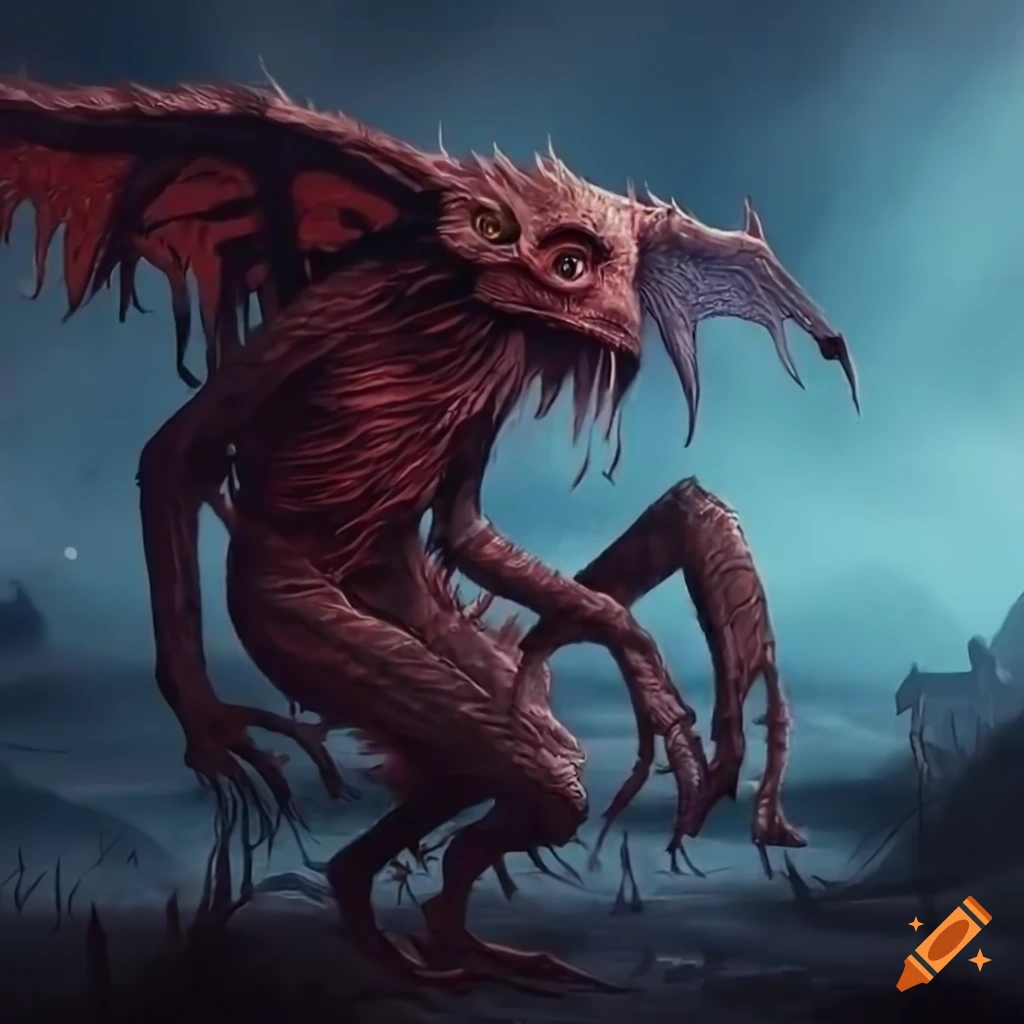 Dystopian creature emerging from flames in a fairytale illustration on ...